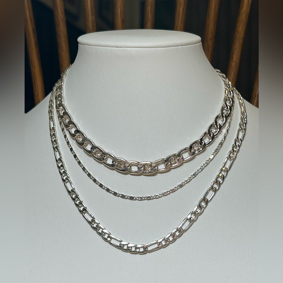 Jewelry | Layered Three Strand Silver Tone Chain Necklace With Clear ...